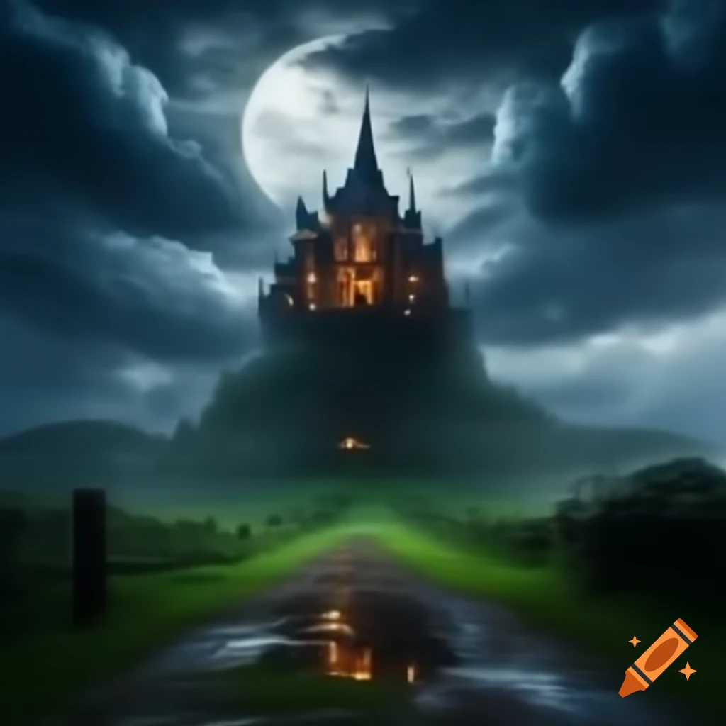 Distant castle under heavy rainfall and glowing moon on Craiyon