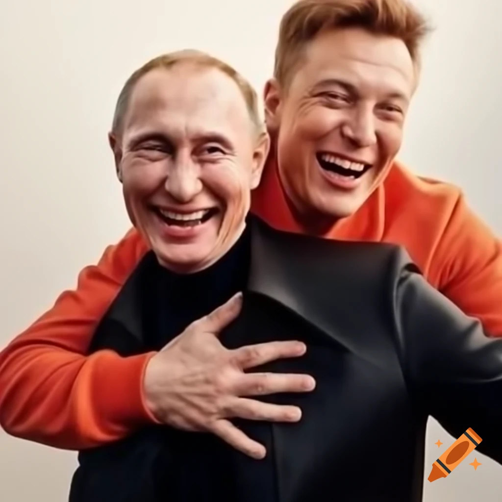 Dynamic two-shot of Putin and Elon smiling together on Craiyon