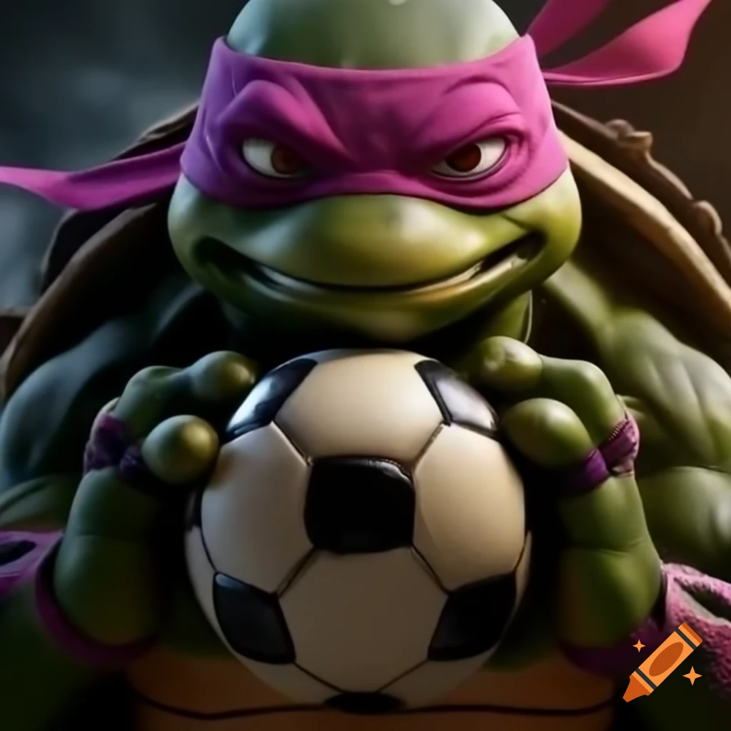 Ninja turtle in pink mask deflating soccer ball with claws on Craiyon