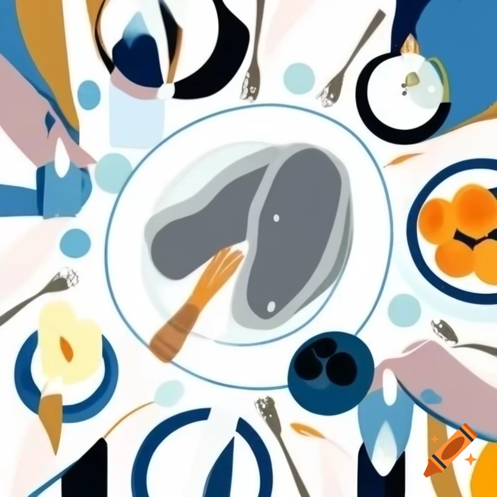 Abstract representation of a white dinner table with grey steak and ...