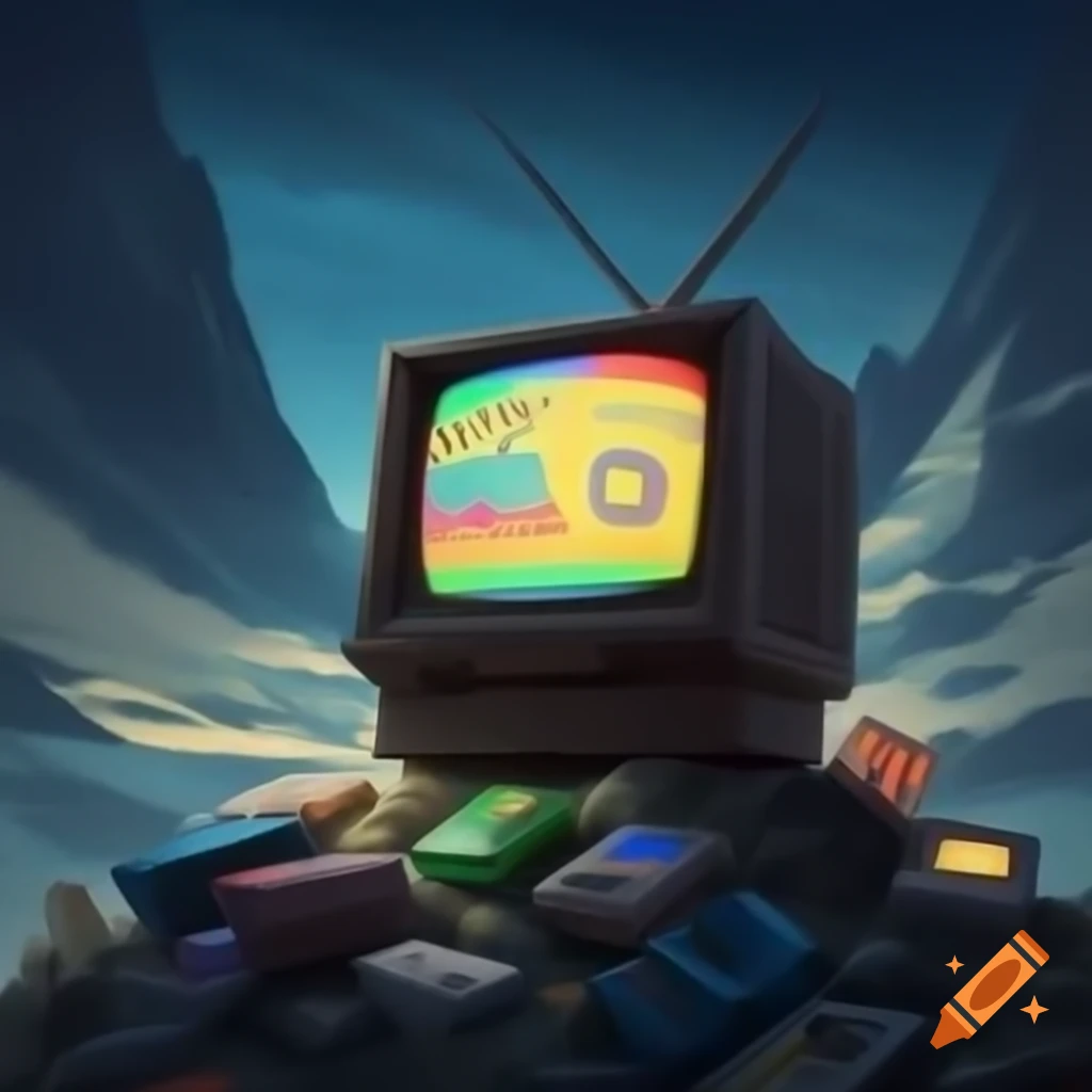 Super Nintendo console on pile of cartridges with CRT TV glowing on Craiyon