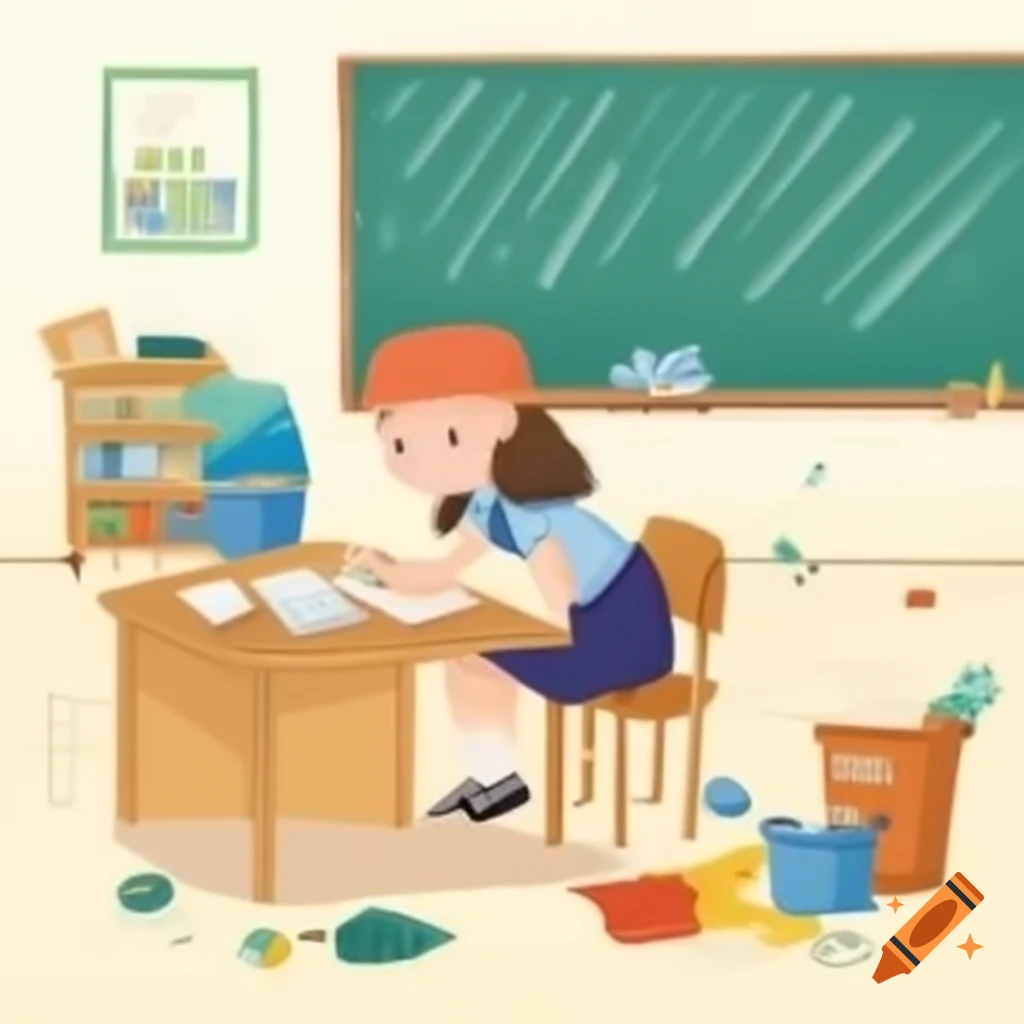 Student cleaning classroom by picking up trash under desk on Craiyon