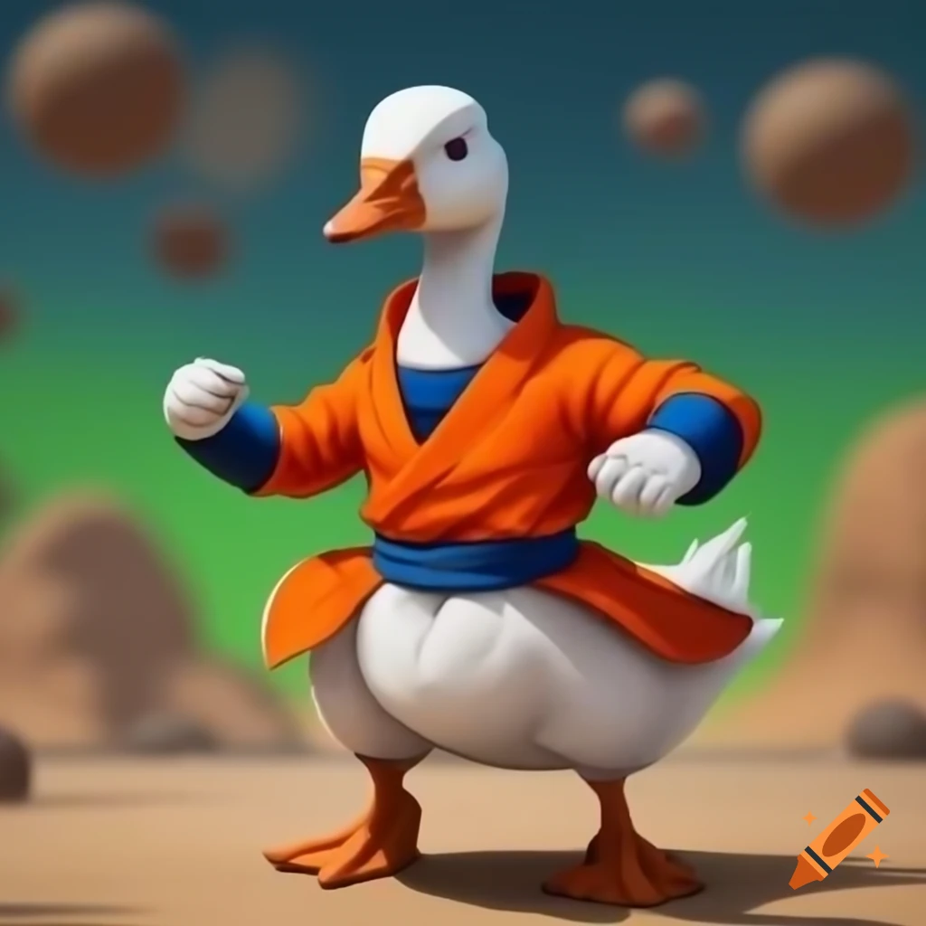 Goose dressed in Goku's orange gi, showcasing confidence on Craiyon