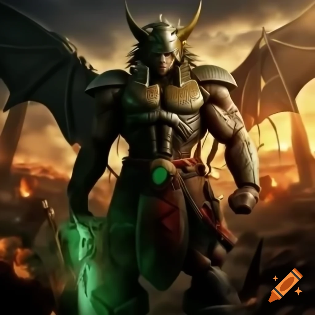 Warrior in dark steel armor with glowing runes on chaotic battlefield ...