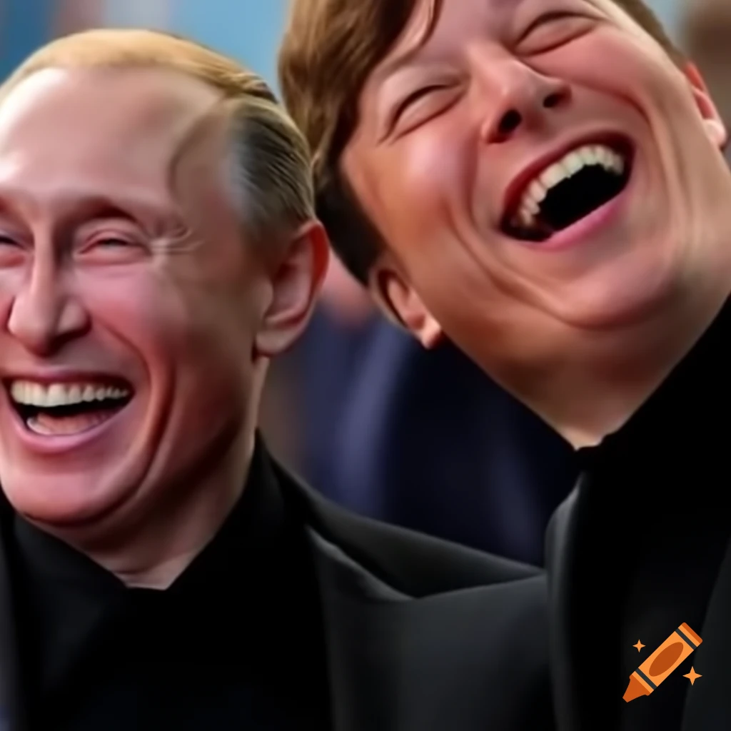 Dynamic two-shot of putin and elon smiling together on Craiyon