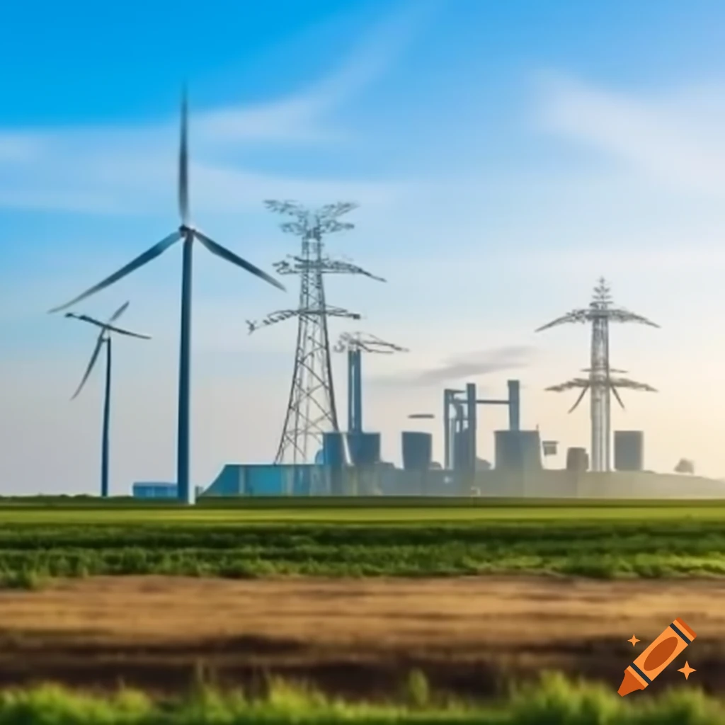 Renewable energy scene featuring wind farms, solar park, battery ...