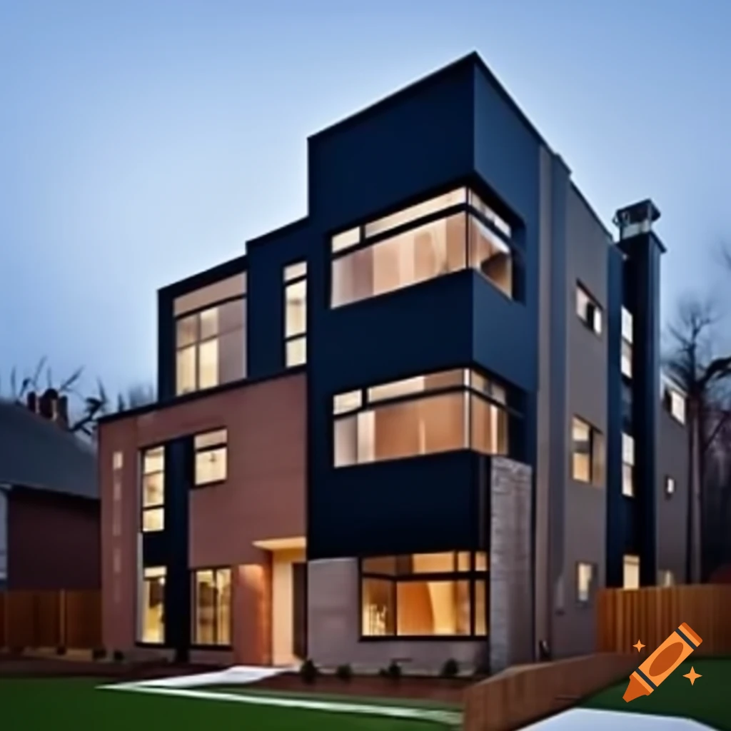 Contemporary 4 story narrow building with black panels and brick facade ...