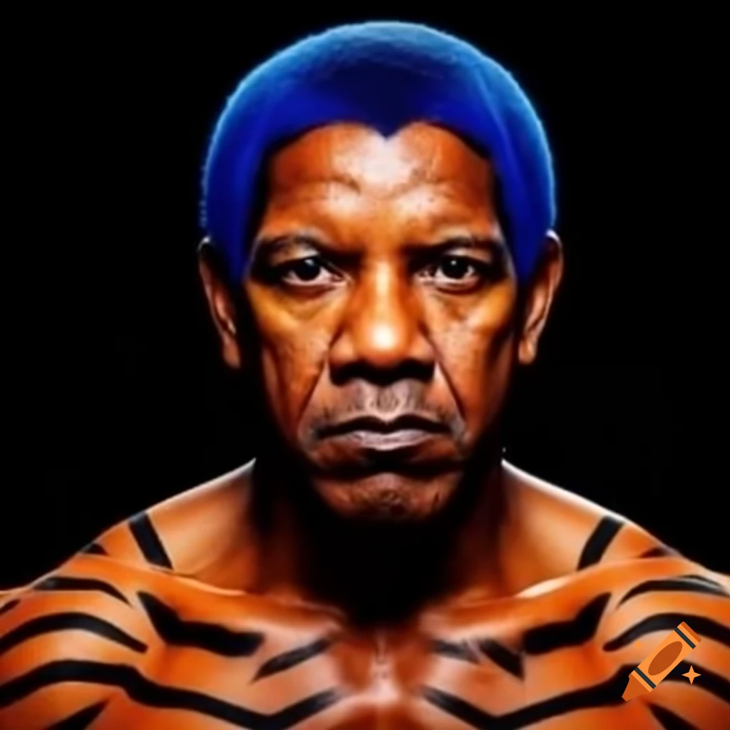 Muscular man with tiger-inspired makeup featuring blue hair and orange ...