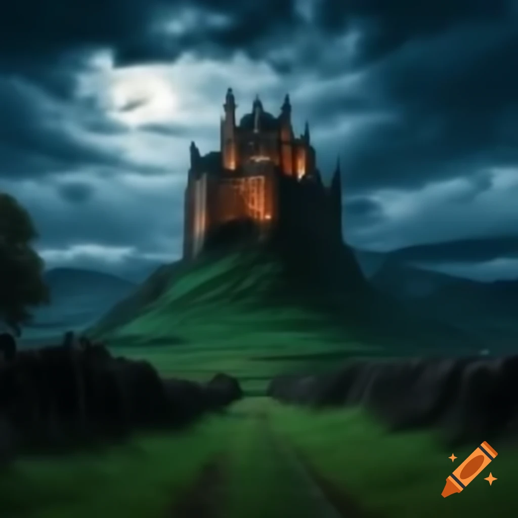 Distant castle under heavy rainfall and glowing moon on Craiyon