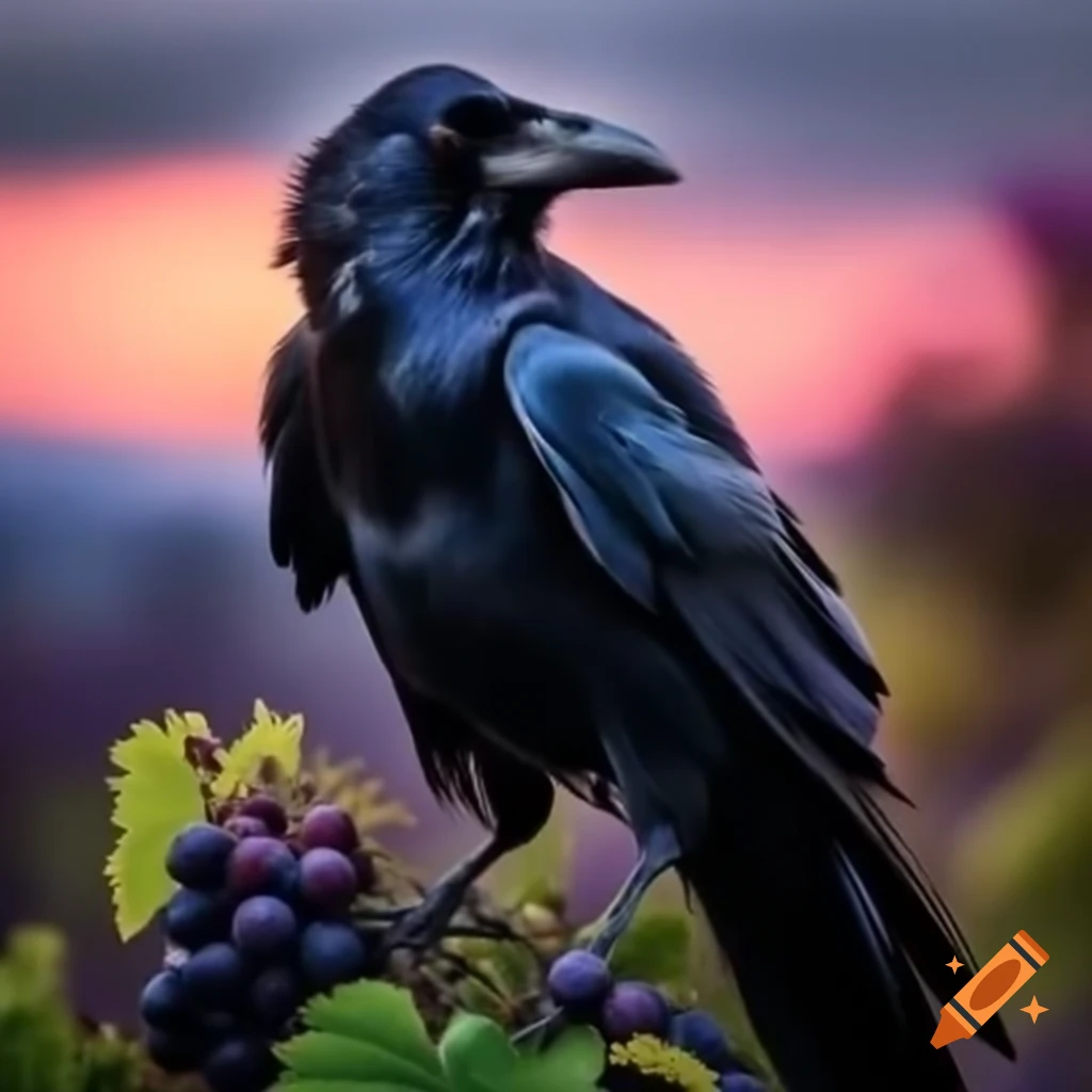 Raven perched on grapevine with purple grapes against violet sunset on ...