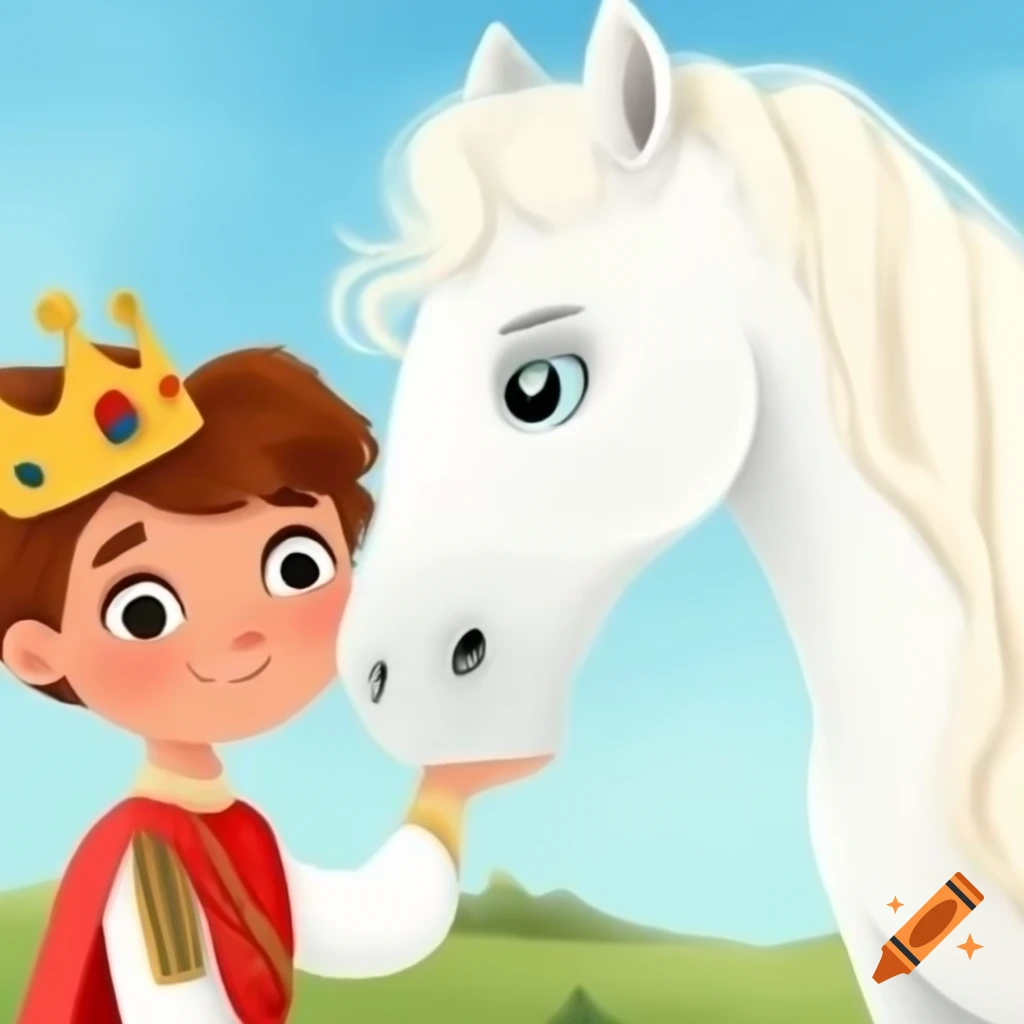 Children's drawing of a brave prince with a crown patting a beautiful white horse on Craiyon