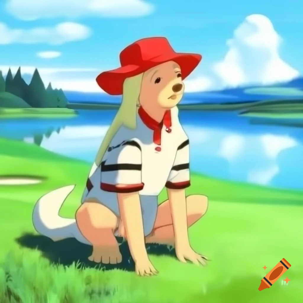 Scene with iconic Red MAGA Hat and figures by Canadian lake on sunny ...