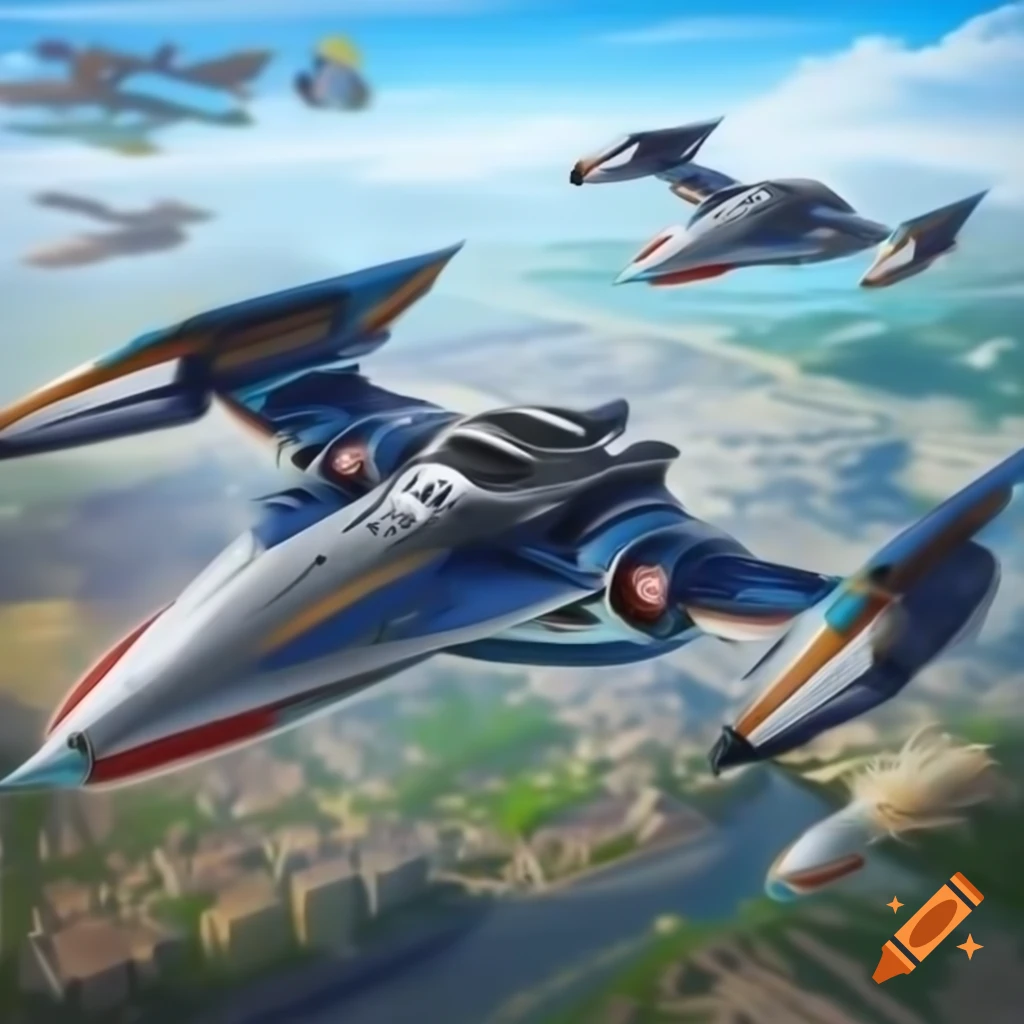 Futuristic fighter crafts resembling flying saucers over colorful ...