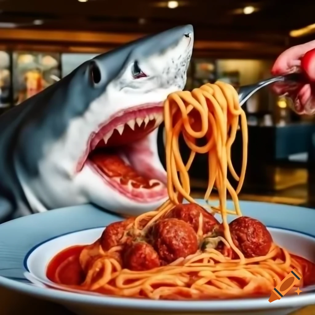 Creative shark sculpture made from spaghetti and meatballs on Craiyon