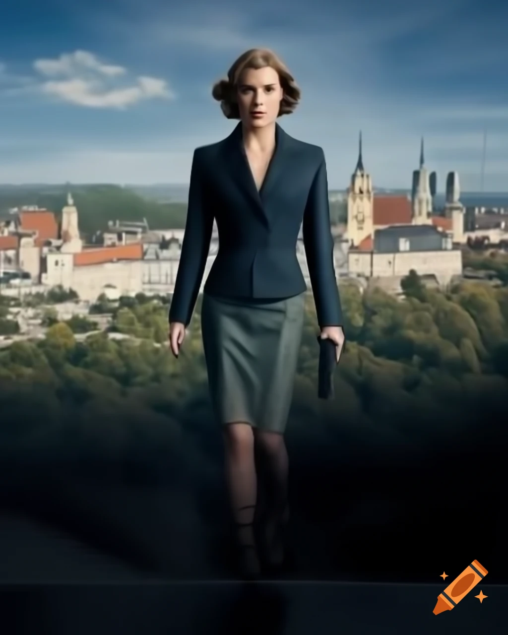 High-res action movie poster featuring female agent and coburg skyline ...