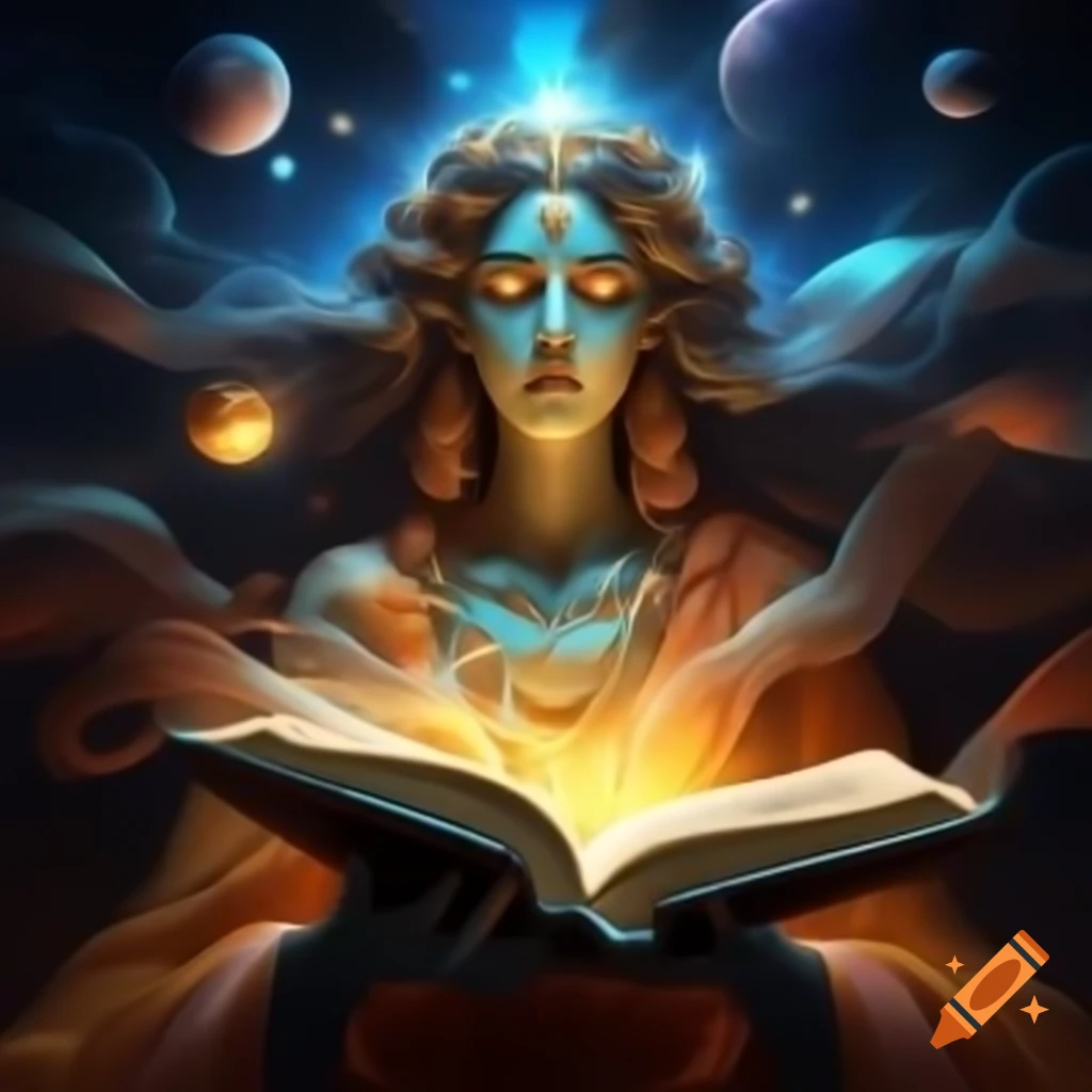 Ethereal being with glowing eyes and ancient book surrounded by ...