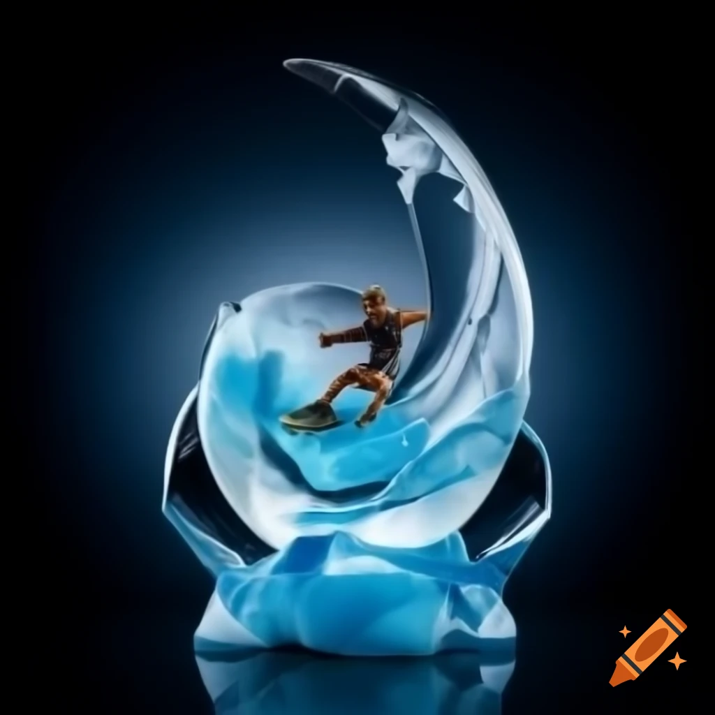Surfer riding wave on ice shard in glass orb, innovative logo design on ...