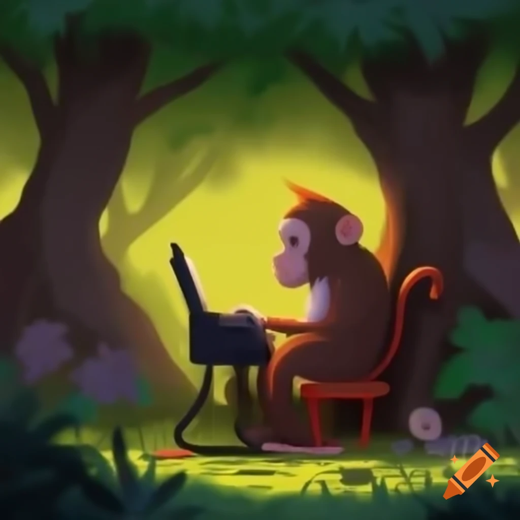 Monkey writing on vintage typewriter under tree canopy on Craiyon