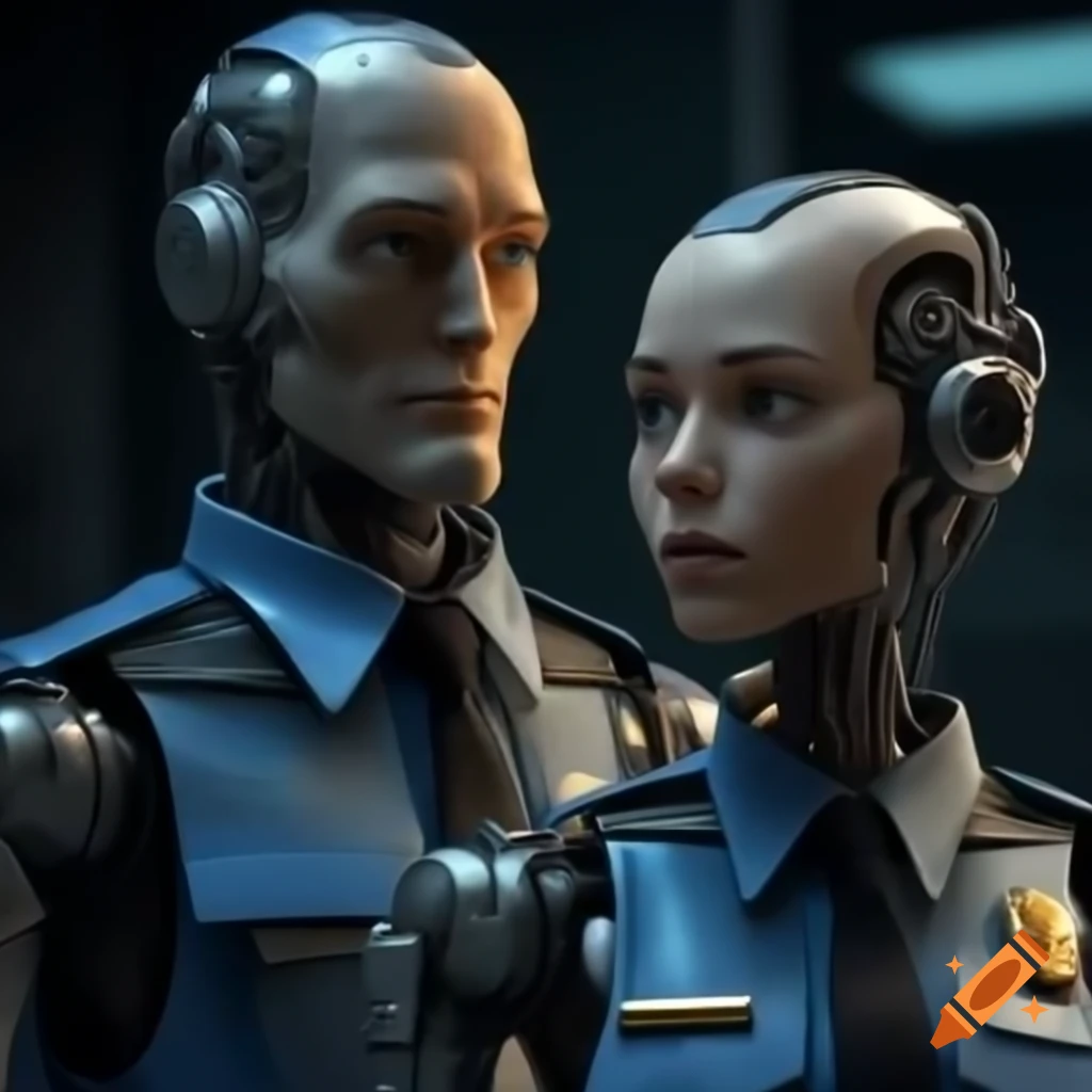 Robots in police uniforms, male and female standing together on Craiyon