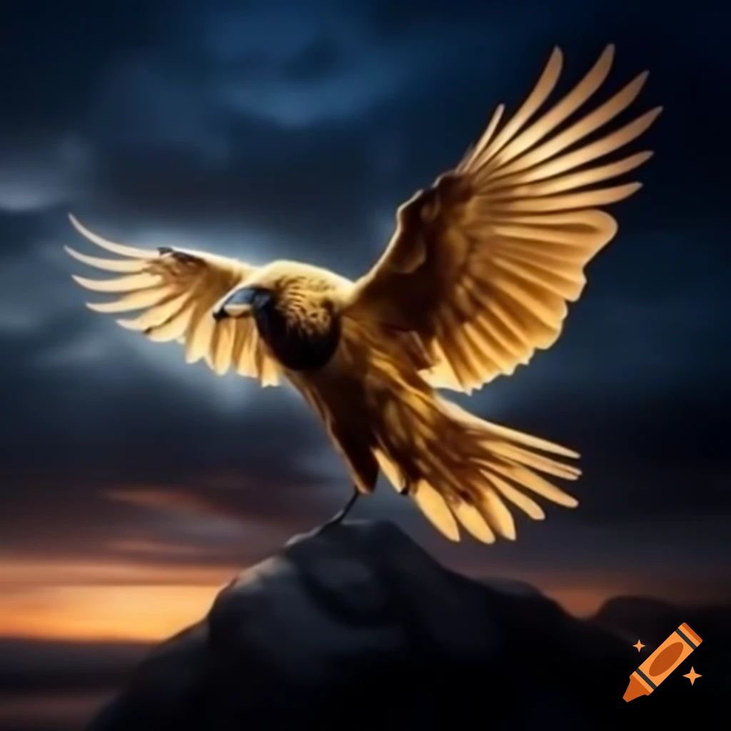 Regal golden crow taking flight at twilight, symbolizing beauty and ...