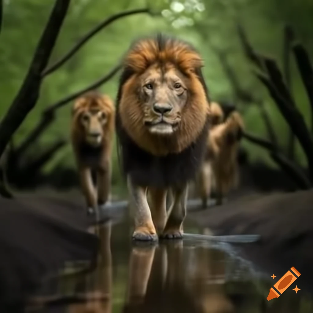 Lion bounding across ditch in lush forest with scarecrow on back on Craiyon