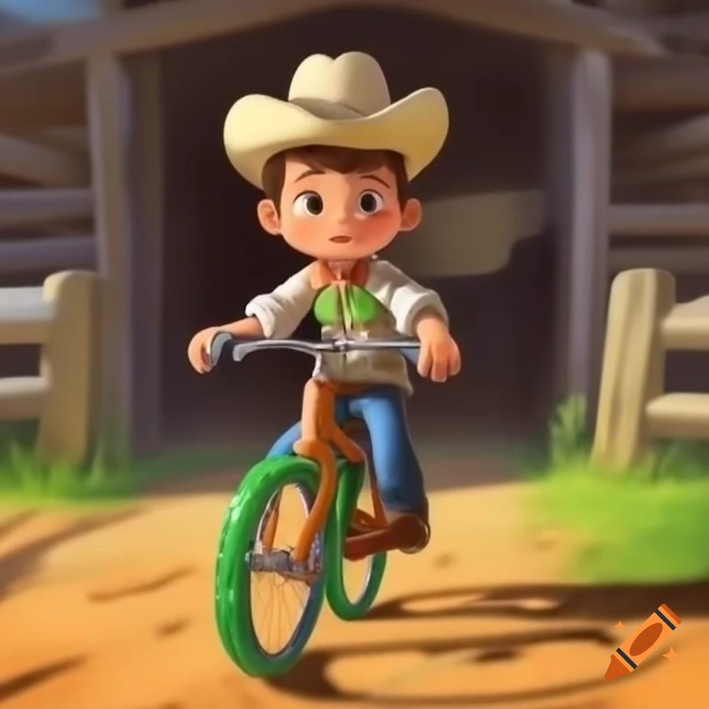 Kid riding bicycle in cowboy hat inside wooden corral on Craiyon