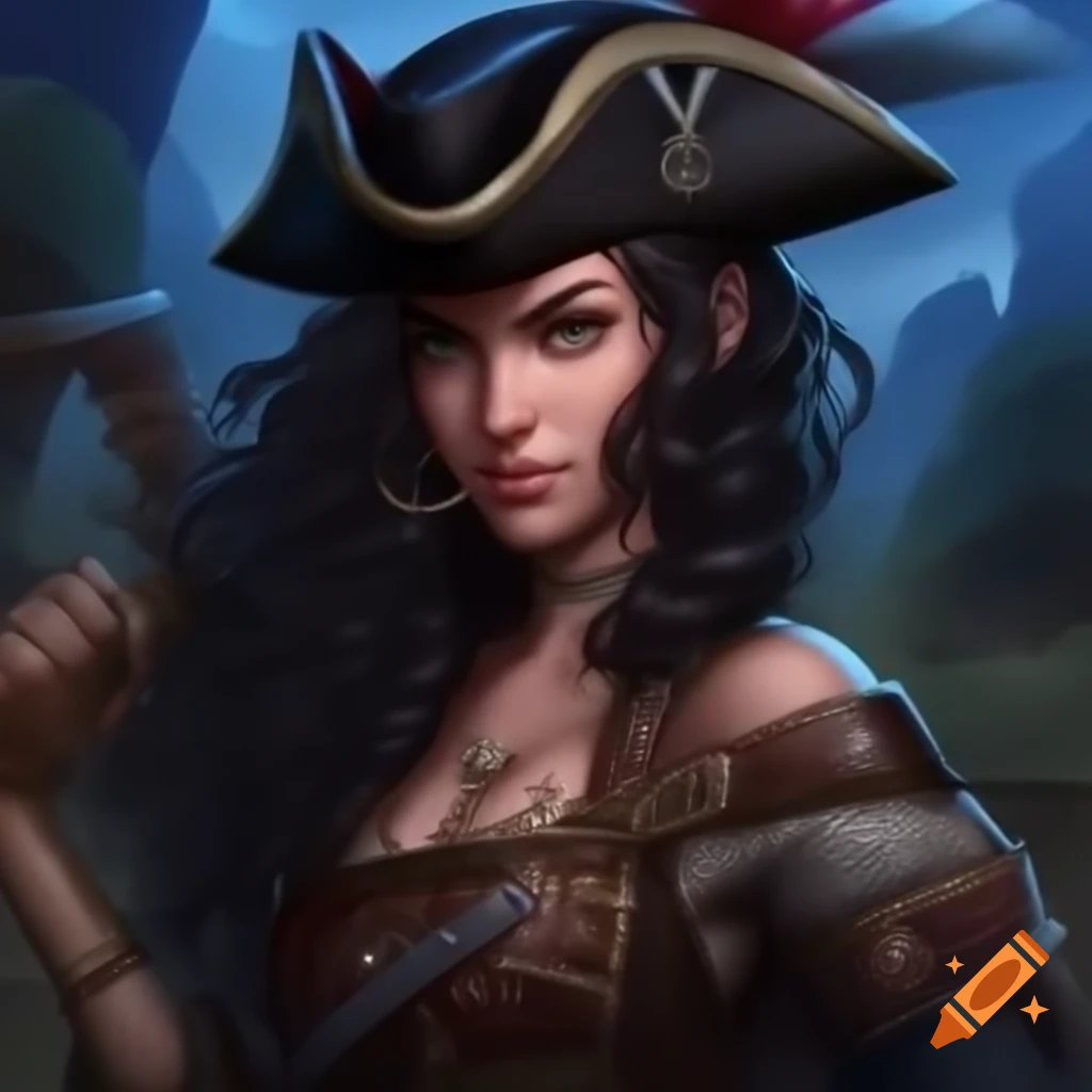Portrait of athletic female pirate captain in fantasy setting with dark ...