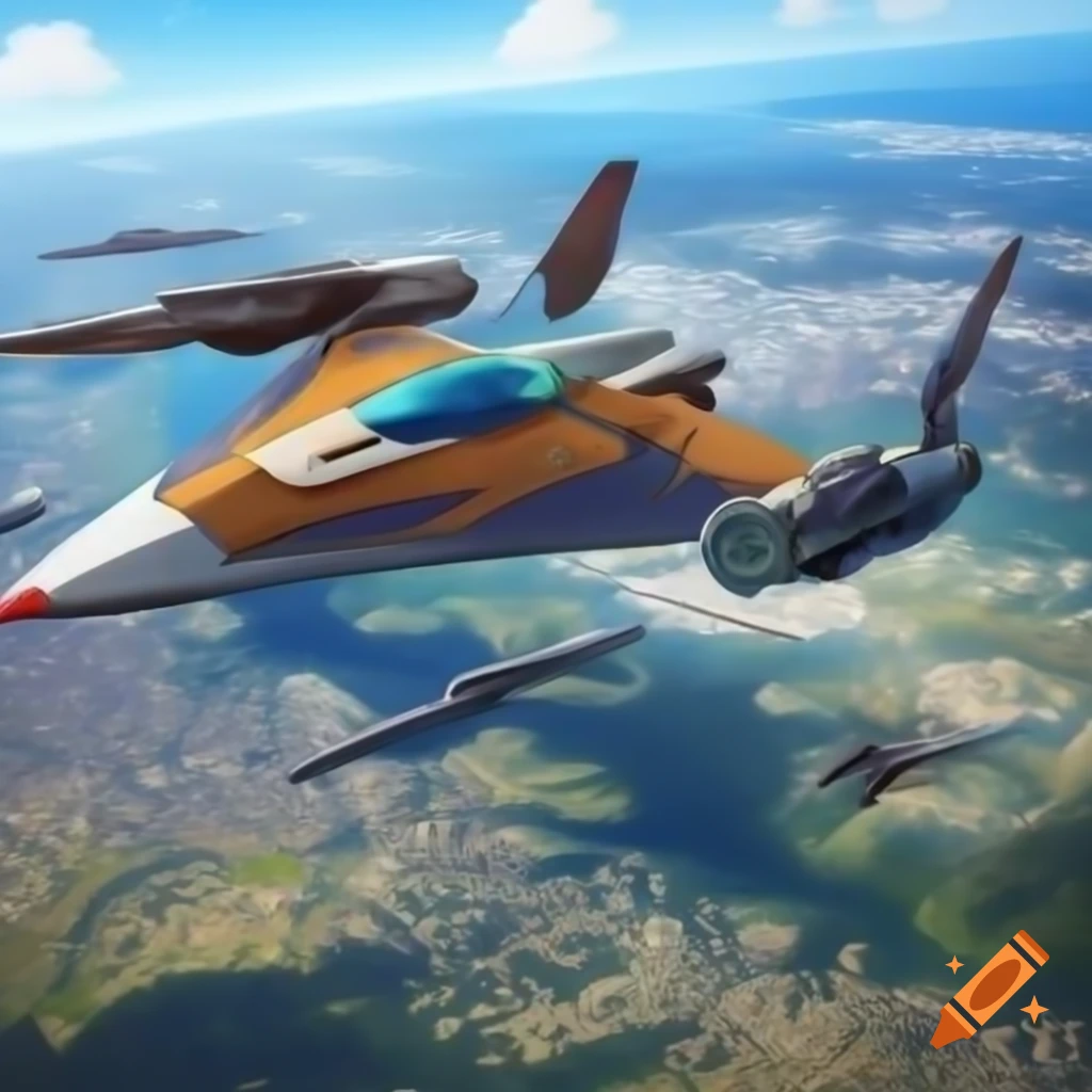 Futuristic fighter crafts resembling flying saucers over colorful ...