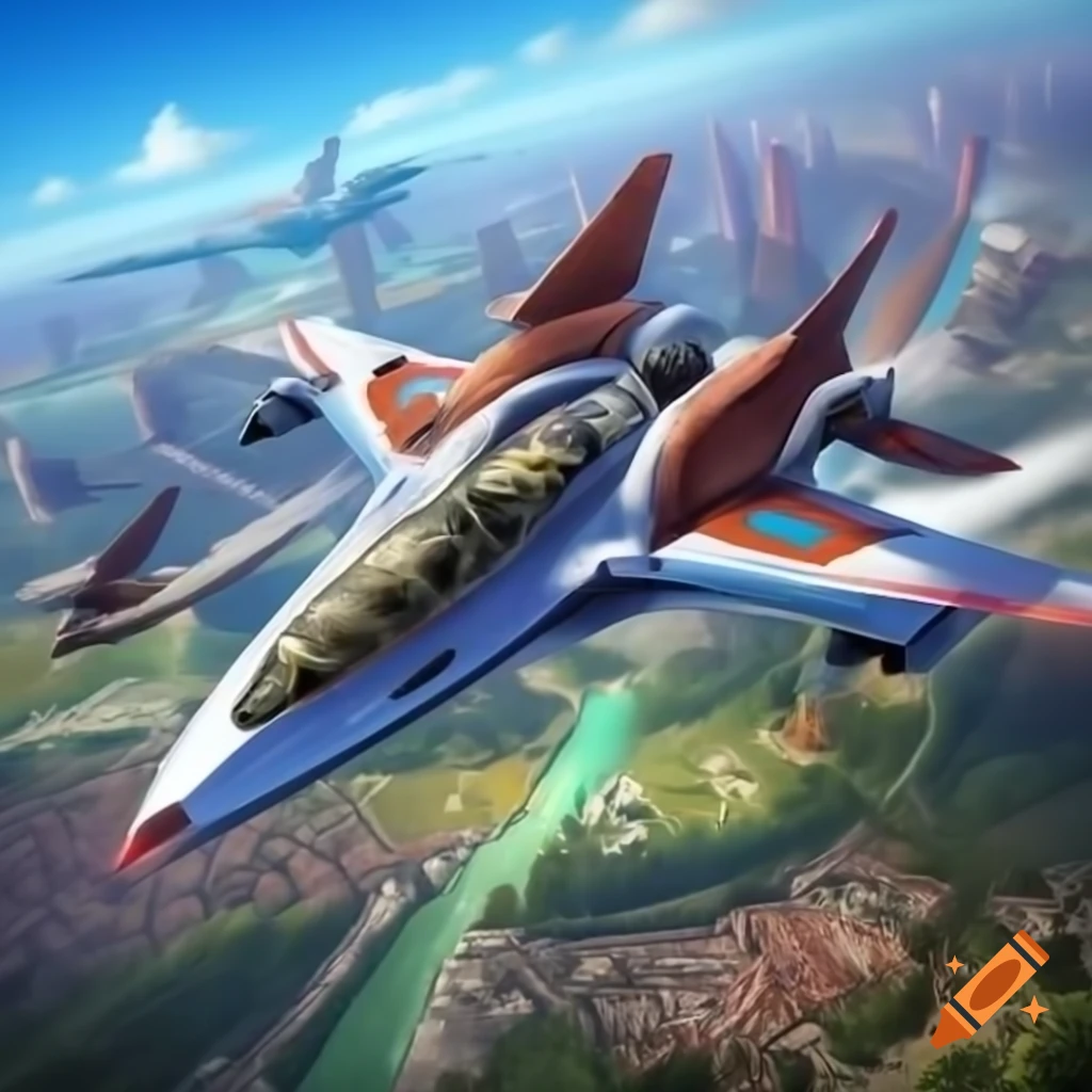 Futuristic fighter crafts resembling flying saucers over colorful ...