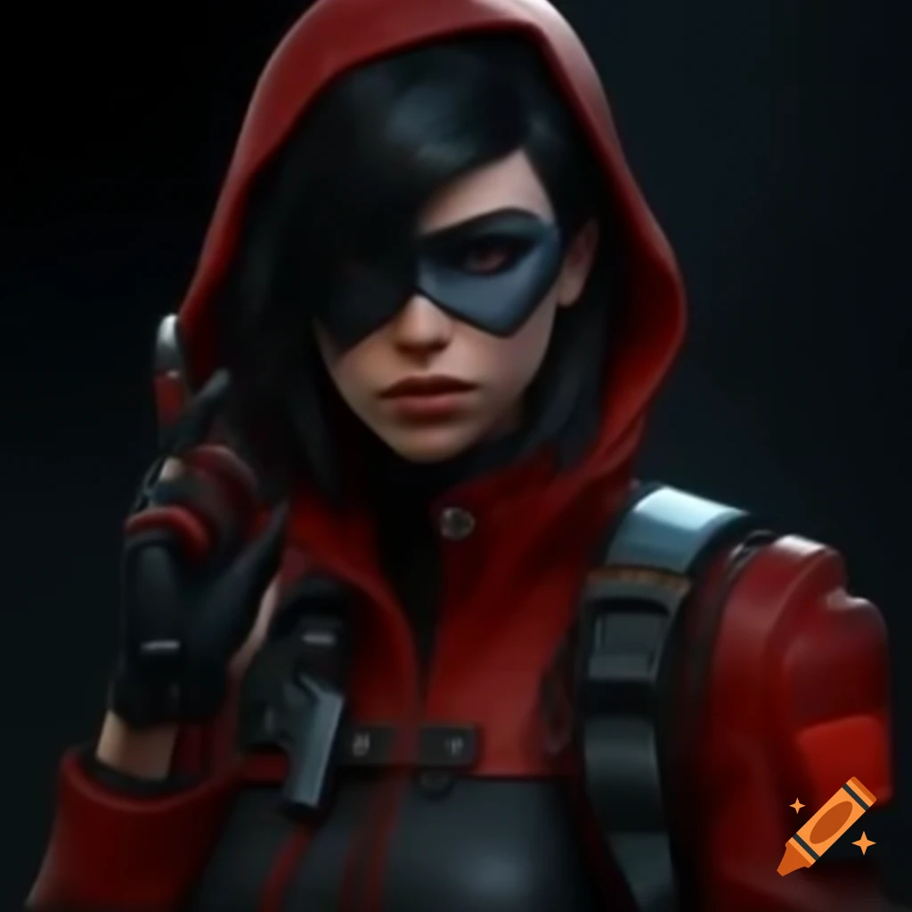 Modern cyberpunk female rogue in red hooded jacket and black mask ...