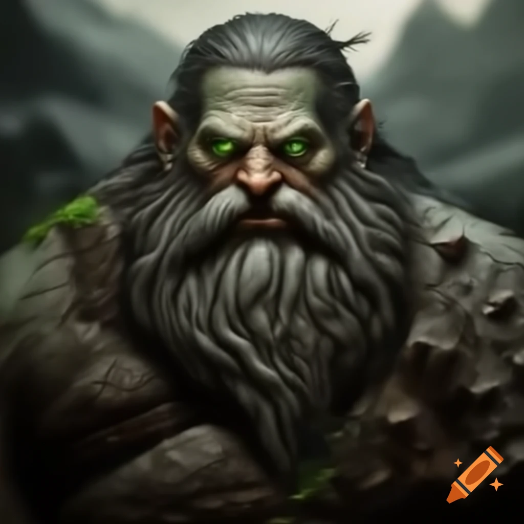 Mountain dwarf with dark skin, emerald eyes, and long grey beard on Craiyon