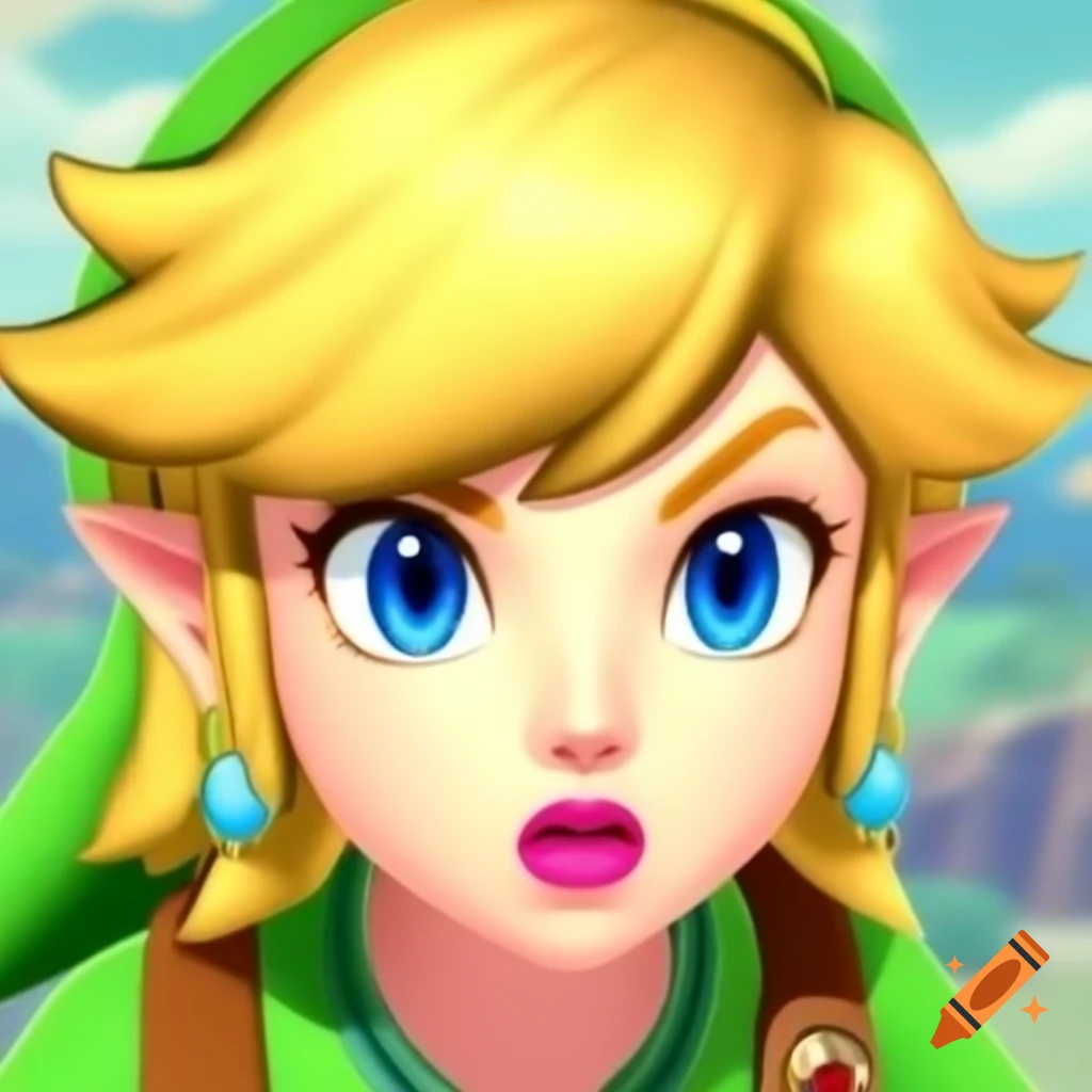 Link from Nintendo in green tunic with princess Peach's blonde hair and bold makeup in high ...