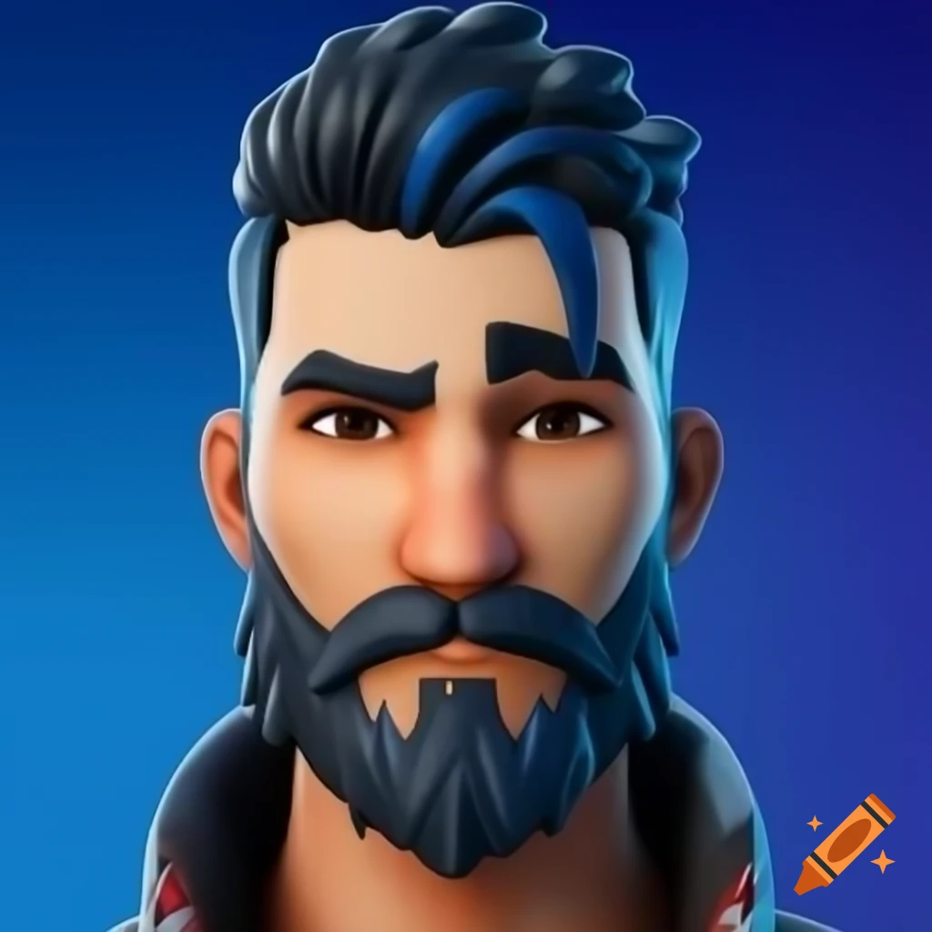 High-definition Fortnite character with dark blue curly hair and beard ...