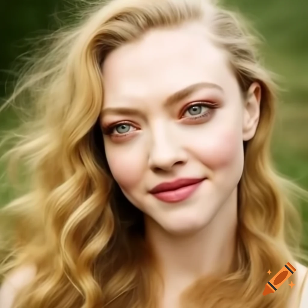 Amanda seyfried smiling with curly blonde hair and green eyes in a natural setting on Craiyon