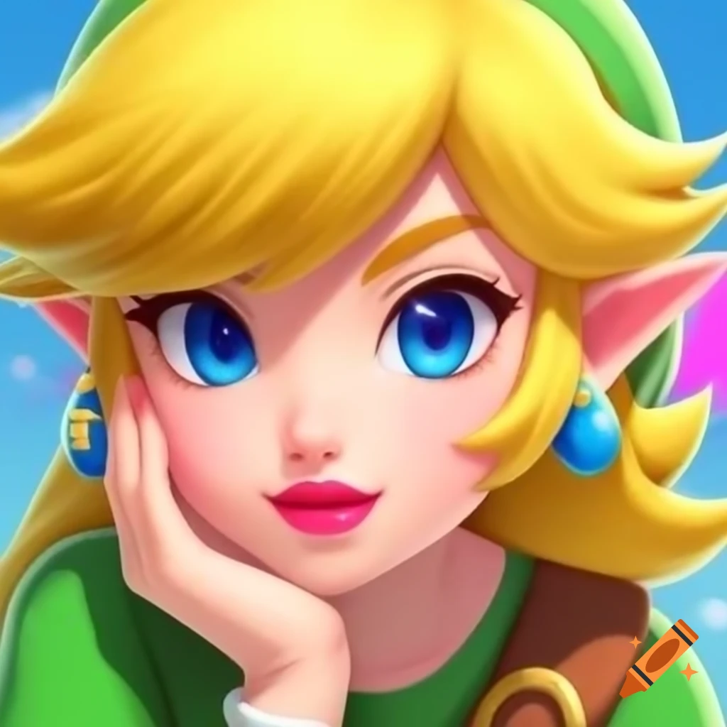 Link from Nintendo in green tunic with princess Peach's blonde hair and bold makeup in high ...