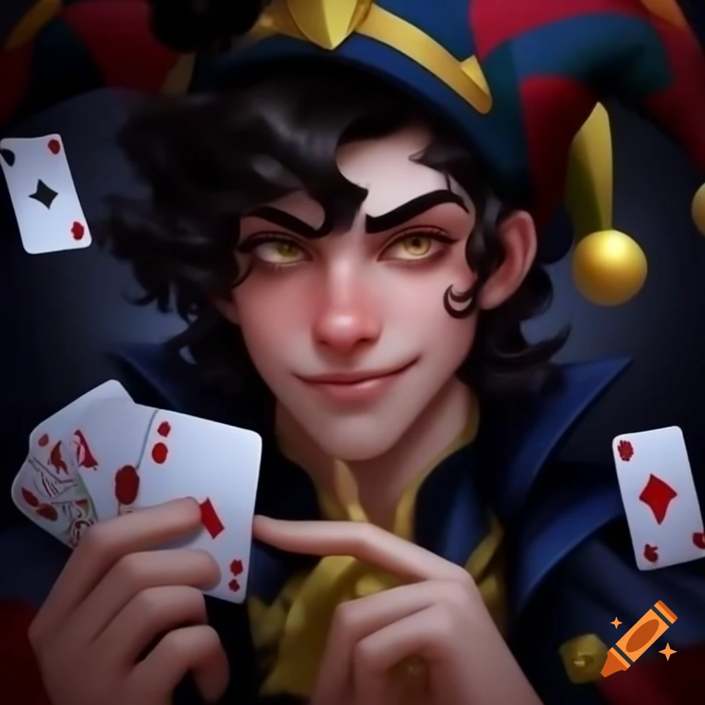 Handsome young court jester with kohl eyes playing with cards, smiling ...