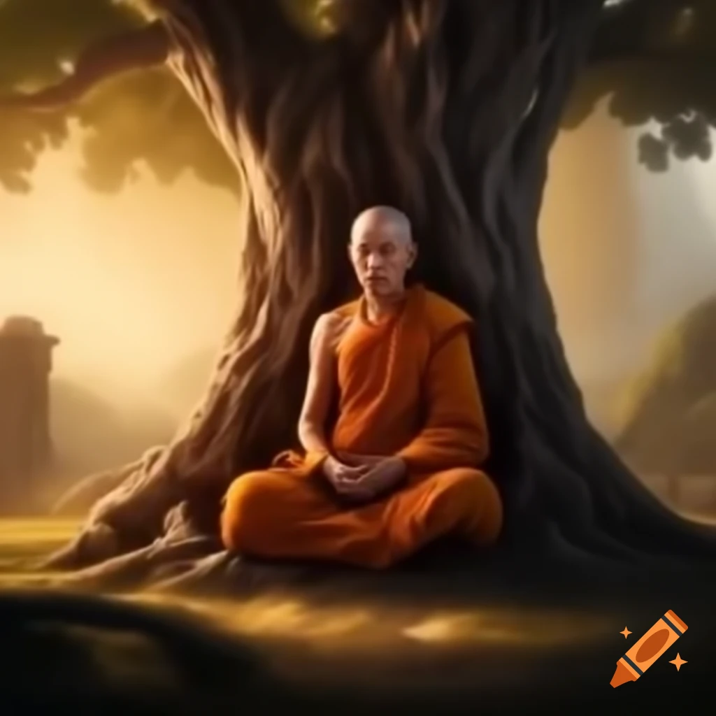 Wise monk meditating under ancient tree in golden sunlight on Craiyon