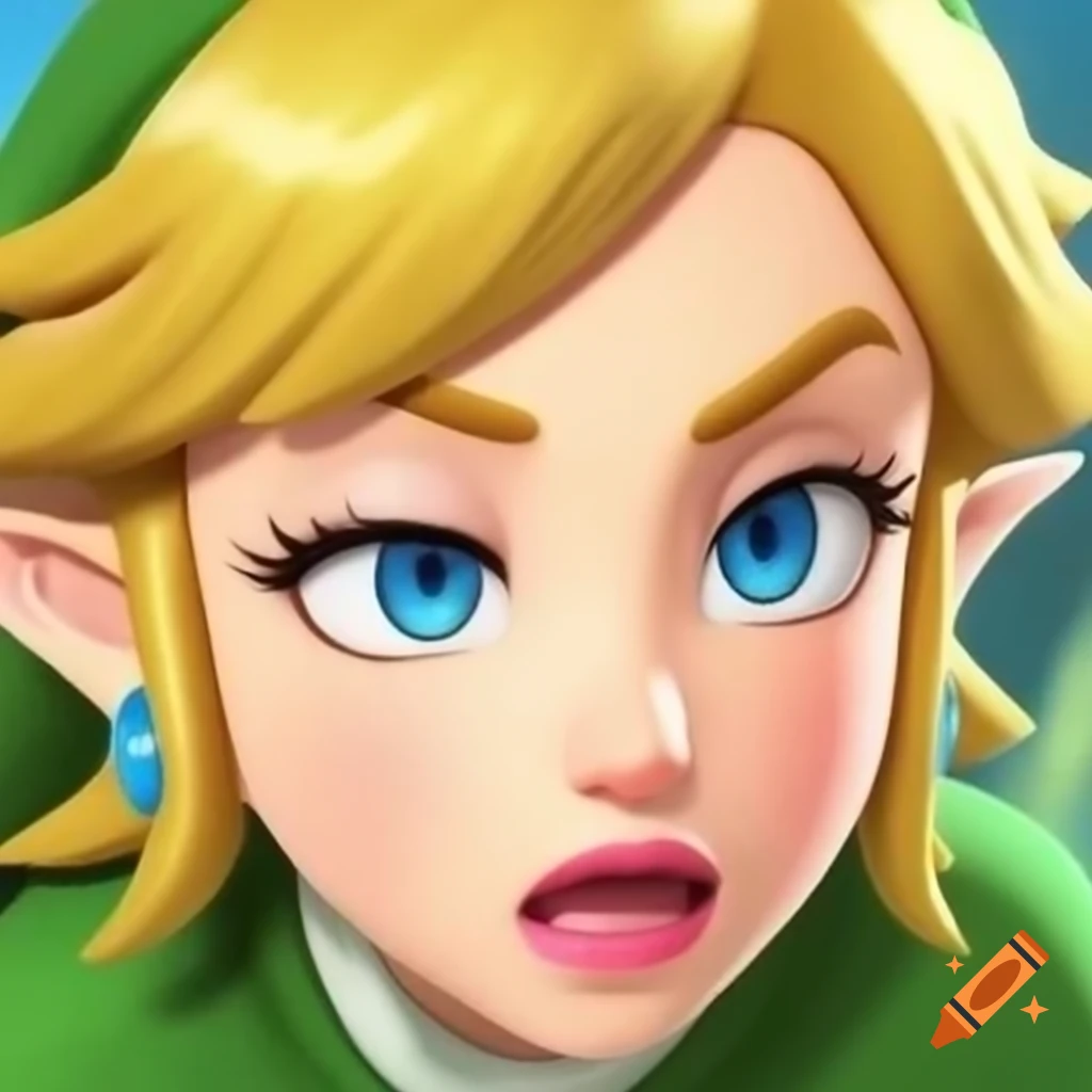 Nintendo character Link in green tunic with Princess Peach-inspired hairstyle and makeup on Craiyon