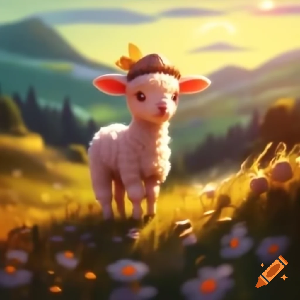 Curious lamb in serene meadow, exploring on a sunlit morning on Craiyon