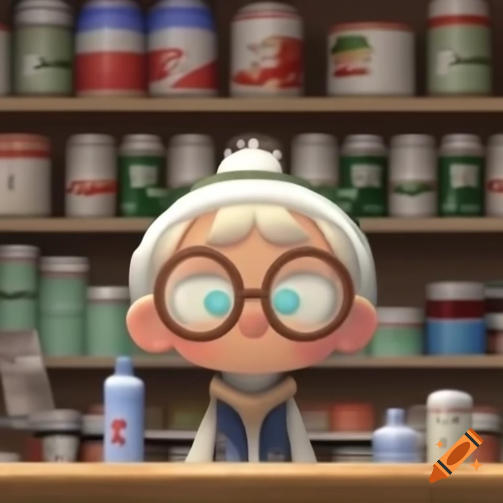 Chibi style female vendor with bandana and eye-patch in shop on Craiyon