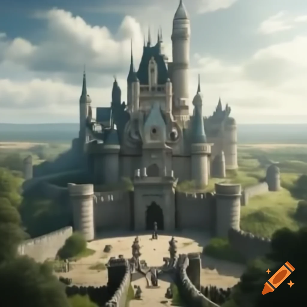 Grand castle with towering stone walls and spires in expansive ...