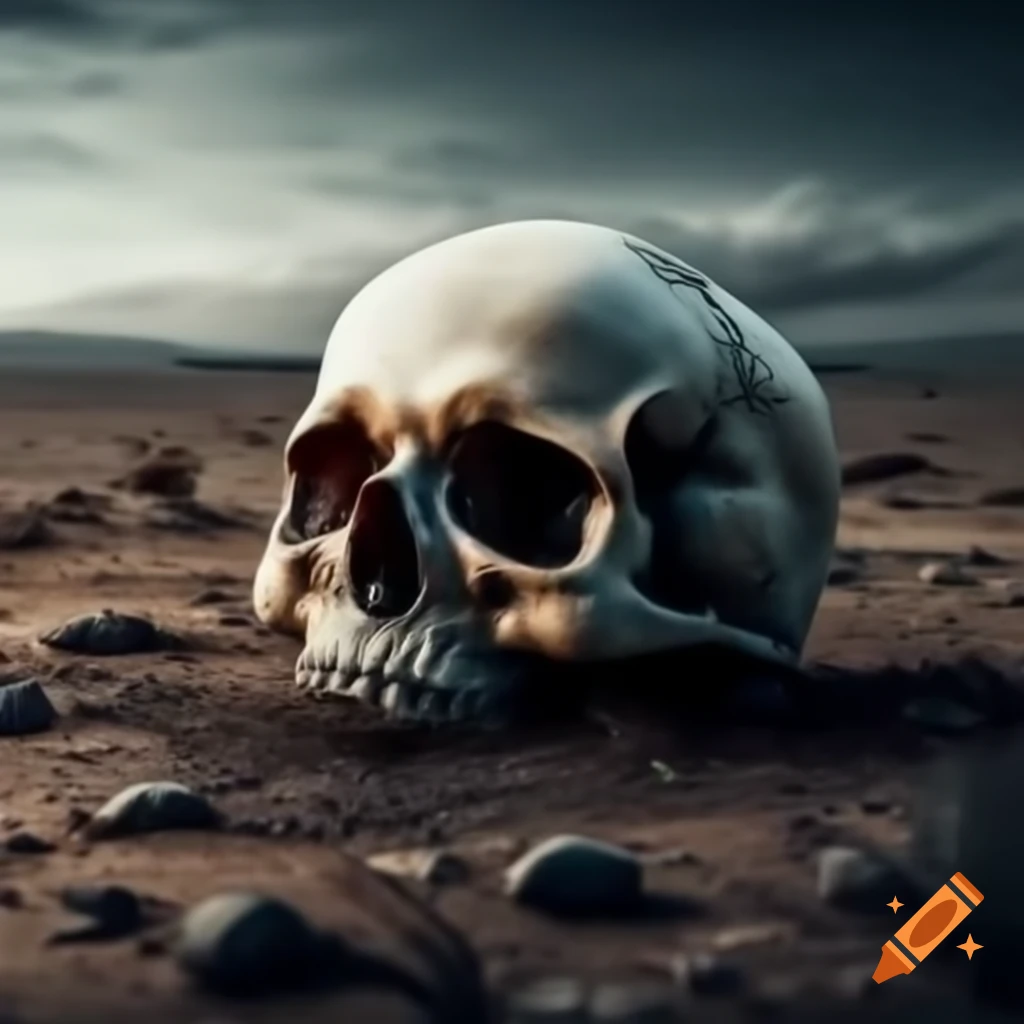 Desolate landscape with weathered skull under smoke-filled sky on Craiyon