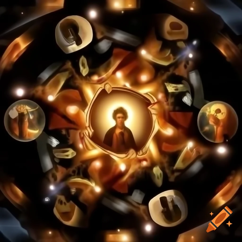 3D render of ancient Orthodox icon in celestial space with glowing ...