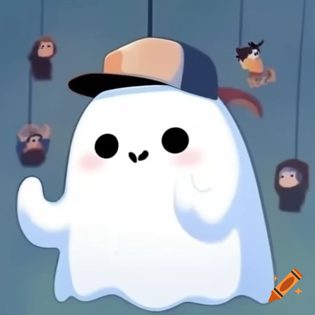 Cartoon ghost with sideways baseball cap in relaxed pose on Craiyon