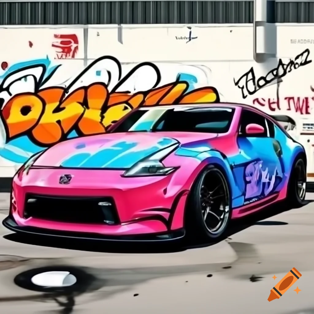 Chubby Nissan 370Z illustrated in 80's style graffiti on Craiyon