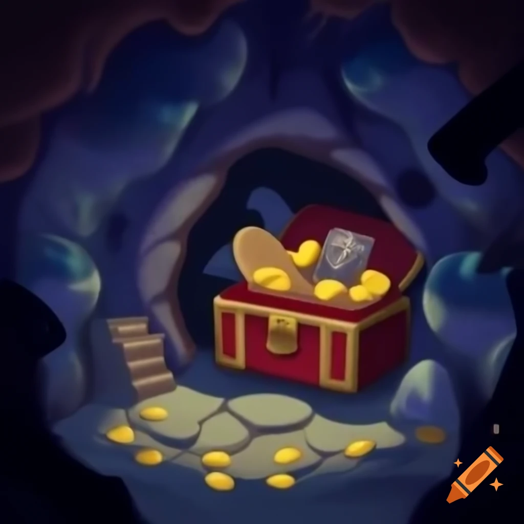 Curious pirate chest with coins in chibi-style cave on Craiyon