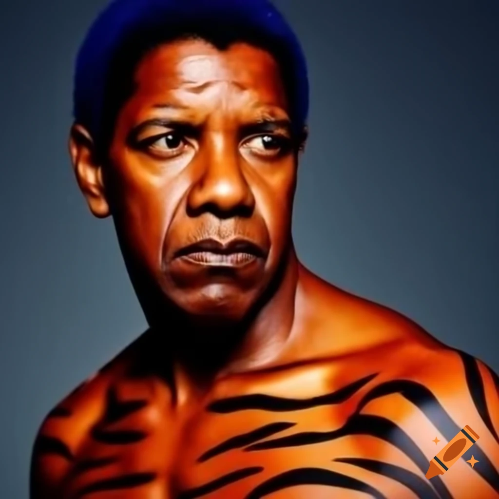 Muscular figure resembling Denzel Washington with tiger-style makeup ...