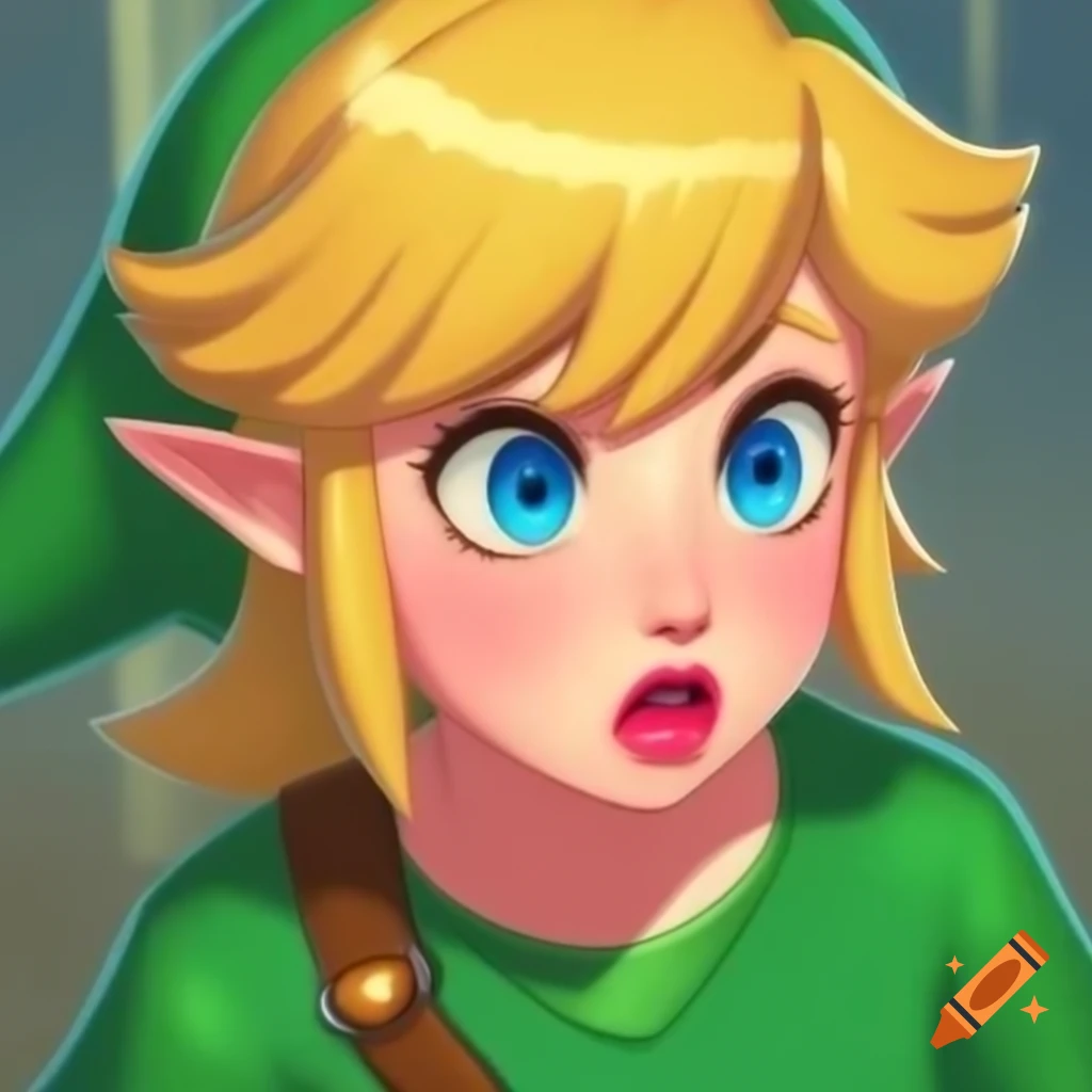 Character with green tunic and Princess Peach hairstyle, bold makeup and annoyed expression on ...