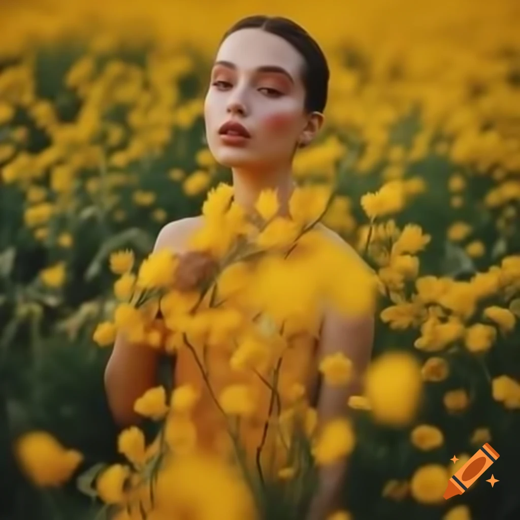 Campesina picking flowers in the field wearing a realistic-style cotte ...