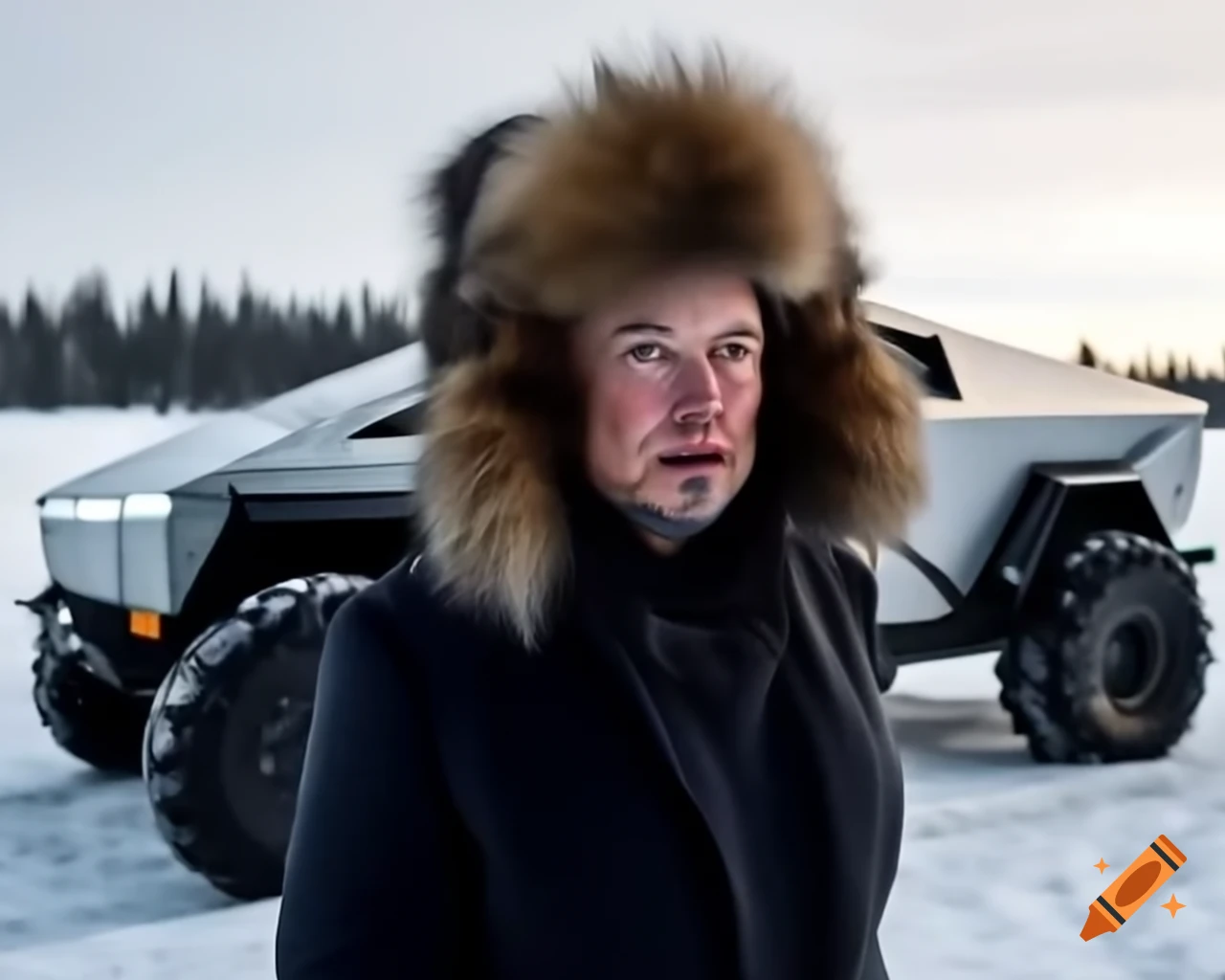 Elon Musk in fur hat admiring Cybertruck in snowy winter scene on Craiyon